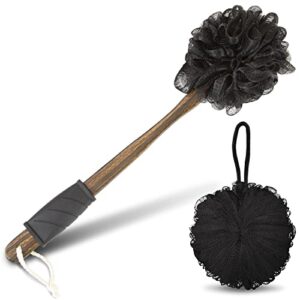 loofah back scrubber by vive - long handled exfoliating bath & shower body brush luffa sponge on a stick w/string for hook - men & women (loofah brush dark wood)