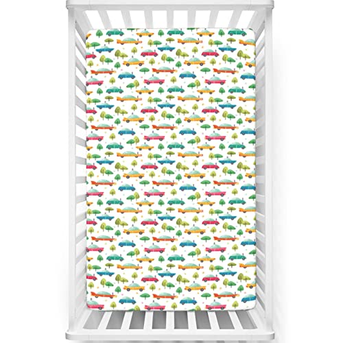 Retro Car Themed Fitted Crib Sheet,Standard Crib Mattress Fitted Sheet Soft & Stretchy Fitted Crib Sheet-Baby Sheet for Boys Girls,28“ x52“,Multicolor