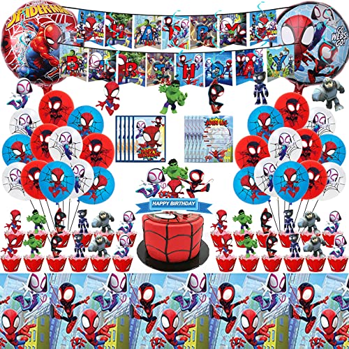 Spider and His Amazing Friends Birthday Party Supplies， Spidey Theme Party Decor With 20 Plates 20 Paper Towels 1 Tablecloth 1 Set of Banners 1 large happy birthday cake insert, and 24 small cake inserts，for Kids Gift Birthday