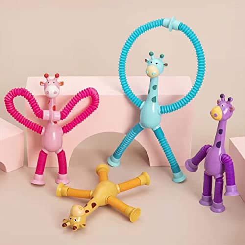 BEFOKA 4 PCS Telescopic Giraffe Suction Toys, Shape-Changing Giraffe Telescopic Tube Cartoon Toys, Stretch Novel Educational Toys (Colorful)