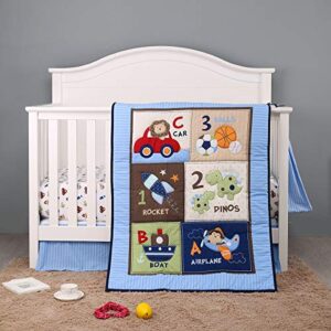 4 pcs blue car theme nursery crib bedding set baby boy blue car thematic cot bedding set 1 quilt + 1 skirt + 2 fitted sheet