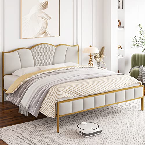 HITHOS Queen Size Bed Frame, Modern Upholstered Bed Frame with Tufted Headboard, Heavy Duty Platform Bed with Wood Slat Support, Noise Free, No Box Spring Needed (Light Grey, Queen)