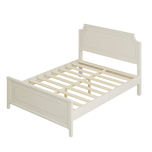 Harper & Bright Designs Queen Size Platform Bed with Headboard and Footboard, Rubber Wood Queen Bed Frame with Sturdy Slat for Bedroom, No Box Spring Need, Easy Assembly (Ivory White)