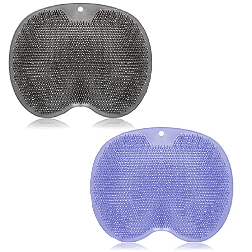 Yinkin 2 Pieces Shower Foot Scrubber Mat Hands Free Back Scrubber for Shower Wall Mounted Bath Massage Pad Back Scrubber Back with Non Slip Suction Cups Foot Cleaner for Men Women (Gray, Blue)