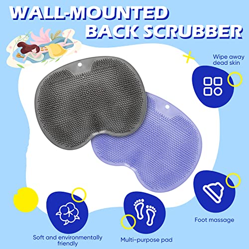 Yinkin 2 Pieces Shower Foot Scrubber Mat Hands Free Back Scrubber for Shower Wall Mounted Bath Massage Pad Back Scrubber Back with Non Slip Suction Cups Foot Cleaner for Men Women (Gray, Blue)