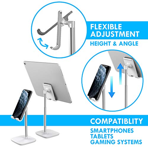 Aduro Elevate Phone & Tablet Holder Stand, Adjustable Height Cell Phone Stand Holder for Desk Compatible with iPhone iPad Galaxy All Phones & Tablets (White)