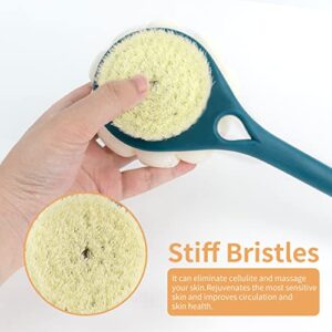 Shower Body Brush with Bristles and Loofah, Frosted Bath Net Sponge with 15 Inch Handle for Skin Exfoliation Shower, Massage Bristles, Wet Or Dry Brushing,Back Brush for Men and Women,Green