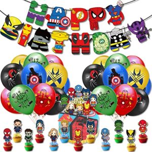 superhero party supplies superhero party decorations, 20pcs superhero balloons, 1pcs happy birthday banner, 13pcs superhero cake and cupcake toppers for kids birthday party