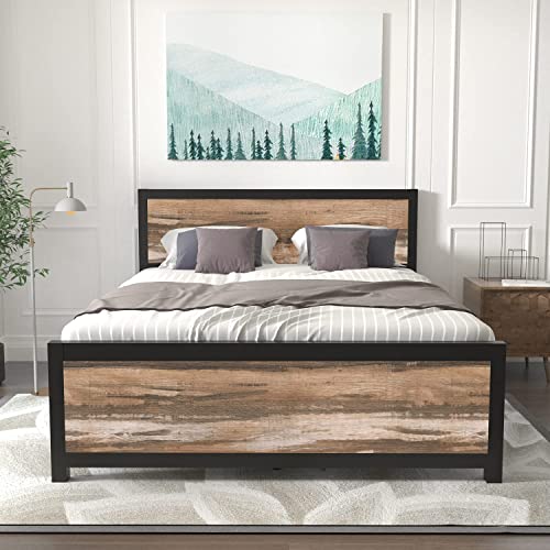 Full Size Bed Frames with Headboard Full Platform Bed Frame Rustic Wood Platform Metal Bed Frame Full Size Bed Frames with Storage No Box Spring Needed Heavy Duty Slat Support (Industrial Brown, Full)