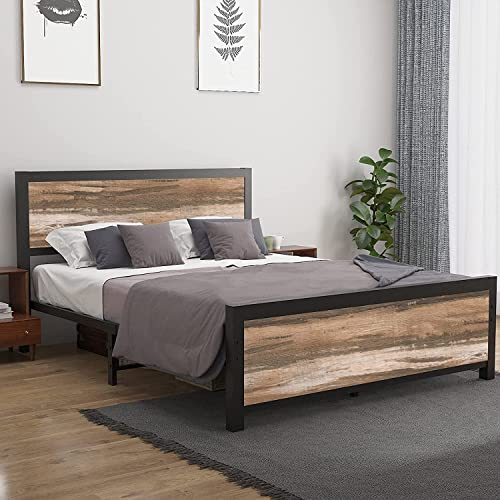 Full Size Bed Frames with Headboard Full Platform Bed Frame Rustic Wood Platform Metal Bed Frame Full Size Bed Frames with Storage No Box Spring Needed Heavy Duty Slat Support (Industrial Brown, Full)