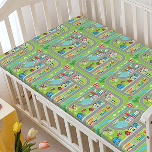 Car Race Track Themed Fitted Crib Sheet,Standard Crib Mattress Fitted Sheet Soft & Stretchy Fitted Crib Sheet-Baby Sheet for Boys Girls, 28“ x52“,Multicolor