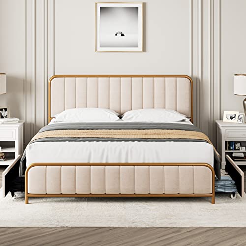 HITHOS Upholstered Queen Size Bed Frame with 4 Storage Drawers and Headboard, Heavy Duty Metal Mattress Foundation with Wooden Slats, Easy Assembly, No Box Spring Needed (Golden/Off White, Queen)