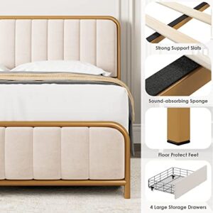 HITHOS Upholstered Queen Size Bed Frame with 4 Storage Drawers and Headboard, Heavy Duty Metal Mattress Foundation with Wooden Slats, Easy Assembly, No Box Spring Needed (Golden/Off White, Queen)