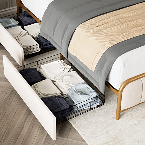 HITHOS Upholstered Queen Size Bed Frame with 4 Storage Drawers and Headboard, Heavy Duty Metal Mattress Foundation with Wooden Slats, Easy Assembly, No Box Spring Needed (Golden/Off White, Queen)