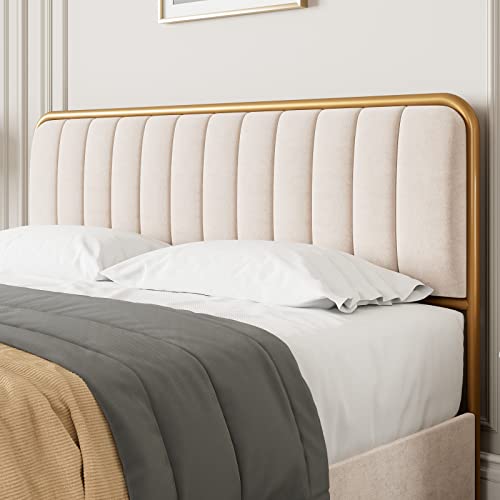 HITHOS Upholstered Queen Size Bed Frame with 4 Storage Drawers and Headboard, Heavy Duty Metal Mattress Foundation with Wooden Slats, Easy Assembly, No Box Spring Needed (Golden/Off White, Queen)