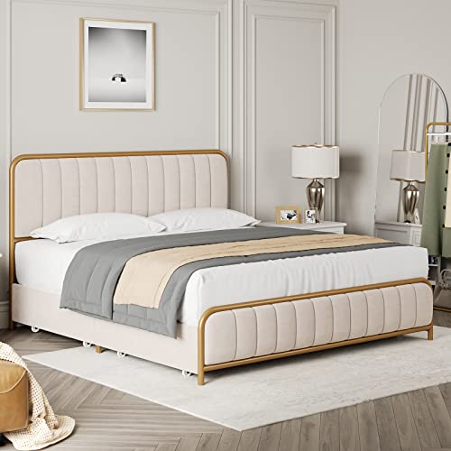 HITHOS Upholstered Queen Size Bed Frame with 4 Storage Drawers and Headboard, Heavy Duty Metal Mattress Foundation with Wooden Slats, Easy Assembly, No Box Spring Needed (Golden/Off White, Queen)