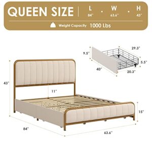 HITHOS Upholstered Queen Size Bed Frame with 4 Storage Drawers and Headboard, Heavy Duty Metal Mattress Foundation with Wooden Slats, Easy Assembly, No Box Spring Needed (Golden/Off White, Queen)