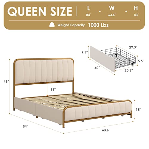 HITHOS Upholstered Queen Size Bed Frame with 4 Storage Drawers and Headboard, Heavy Duty Metal Mattress Foundation with Wooden Slats, Easy Assembly, No Box Spring Needed (Golden/Off White, Queen)