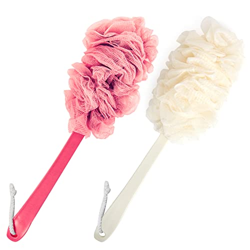 Back Scrubber for Shower, Qewro Loofah on a Stick as Shower Brush Exfoliating Body with Long Handle, Loofah Sponge Mens Loofah Bathing Accessories for Women (2Pack)