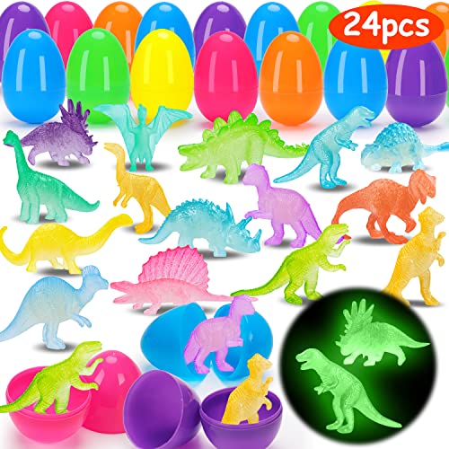 24 PCS Easter Eggs Filled with Dinosaur Toys for Kids Glow in Dark Easter Basket Stuffers for Toddler Boys Girls Easter Gifts Decorations Egg Hunt Games Goodie Bags Pinata Fillers Dino Party Favors