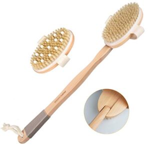 shower brush, popchose detachable dry brushing body brush for body cellulite and lymphatic, back scrubber for shower long handle natural bristle exfoliator scrubber, dual brush heads for women & man