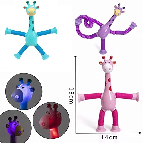 Telescopic Suction Cup Giraffe Toy, Sensory Pulling Toys, Motor Skills Toys for Parent-Child, Cartoon Telescopic Tube Giraffe Educational Decompression Toy (4PCS-B with Light)