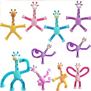 Telescopic Suction Cup Giraffe Toy, Sensory Pulling Toys, Motor Skills Toys for Parent-Child, Cartoon Telescopic Tube Giraffe Educational Decompression Toy (4PCS-B with Light)