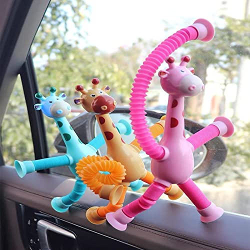 Telescopic Suction Cup Giraffe Toy, Sensory Pulling Toys, Motor Skills Toys for Parent-Child, Cartoon Telescopic Tube Giraffe Educational Decompression Toy (4PCS-B with Light)