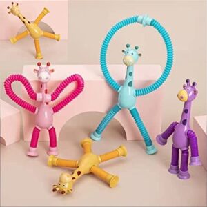 Telescopic Suction Cup Giraffe Toy, Sensory Pulling Toys, Motor Skills Toys for Parent-Child, Cartoon Telescopic Tube Giraffe Educational Decompression Toy (4PCS-B with Light)