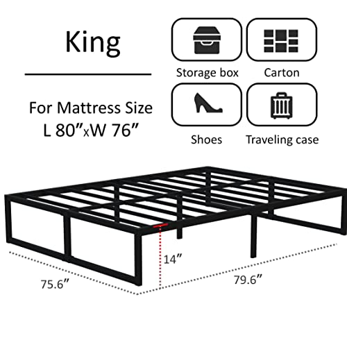 Lutown-Teen 14 Inch King Bed Frame Sturdy Mattress Foundation, Heavy Duty Metal Platform with Steel Slats Support No Box Spring Needed, Noise Free, Easy Assembly, Black