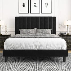 allewie queen bed frame/velvet upholstered bed frame with vertical channel tufted headboard/strong wooden slats/platform bed frame/mattress foundation/box spring optional/easy assembly/black…