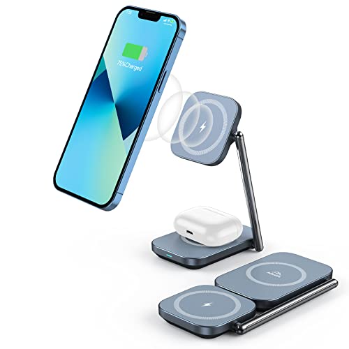 2-in-1 Foldable Magnetic Wireless Charger Stand, Portable Fast Mag-Safe Charging Station for iPhone 14/13/12 Series, AirPods Pro/3/2, Samsung S22/S21/S20/Note 20, LG, Google Pixel, Sony, ONEPLUS