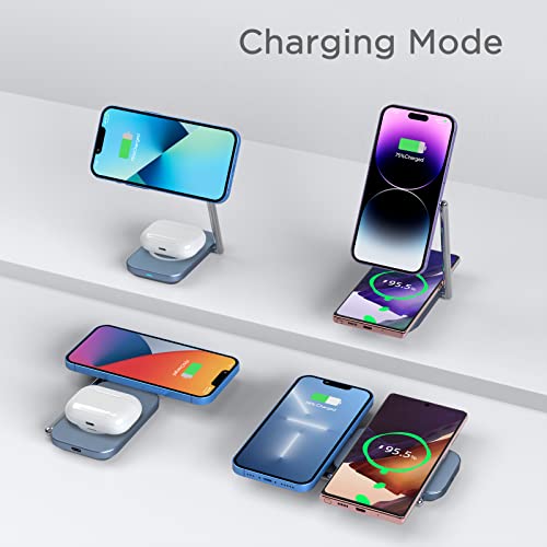 2-in-1 Foldable Magnetic Wireless Charger Stand, Portable Fast Mag-Safe Charging Station for iPhone 14/13/12 Series, AirPods Pro/3/2, Samsung S22/S21/S20/Note 20, LG, Google Pixel, Sony, ONEPLUS