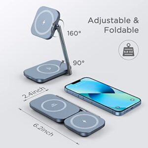 2-in-1 Foldable Magnetic Wireless Charger Stand, Portable Fast Mag-Safe Charging Station for iPhone 14/13/12 Series, AirPods Pro/3/2, Samsung S22/S21/S20/Note 20, LG, Google Pixel, Sony, ONEPLUS