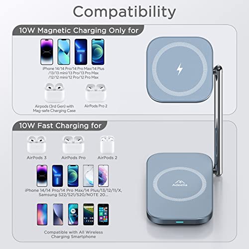 2-in-1 Foldable Magnetic Wireless Charger Stand, Portable Fast Mag-Safe Charging Station for iPhone 14/13/12 Series, AirPods Pro/3/2, Samsung S22/S21/S20/Note 20, LG, Google Pixel, Sony, ONEPLUS