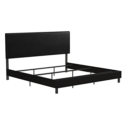 DHP Janford Upholstered Platform Bed with Modern Vertical Stitching on Rectangular Headboard, King, Black Faux Leather