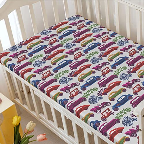 Cars Themed Fitted Crib Sheet,Standard Crib Mattress Fitted Sheet Toddler Bed Mattress Sheets-Crib Mattress Sheet or Toddler Bed Sheet, 28“ x52“,Pale Grey and Multicolor