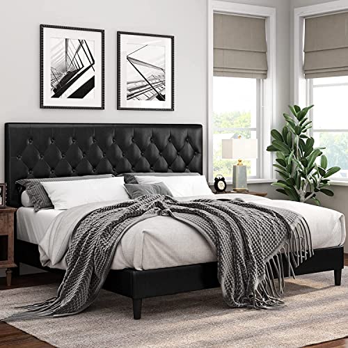 Keyluv Upholstered Platform Bed Frame with Button Tufted Headboard, Faux Leather, Wooden Slats Support, No Box Spring Needed, Easy Assembly, Full Size, Black