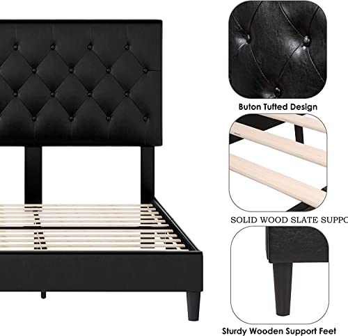 Keyluv Upholstered Platform Bed Frame with Button Tufted Headboard, Faux Leather, Wooden Slats Support, No Box Spring Needed, Easy Assembly, Full Size, Black