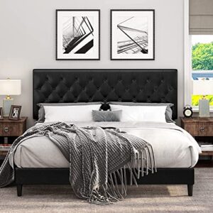 Keyluv Upholstered Platform Bed Frame with Button Tufted Headboard, Faux Leather, Wooden Slats Support, No Box Spring Needed, Easy Assembly, Full Size, Black