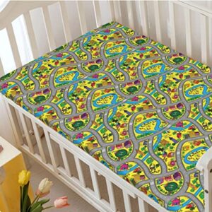 Car Race Track Themed Fitted Crib Sheet,Standard Crib Mattress Fitted Sheet Soft Toddler Mattress Sheet Fitted-Crib Mattress Sheet or Toddler Bed Sheet, 28“ x52“,Multicolor