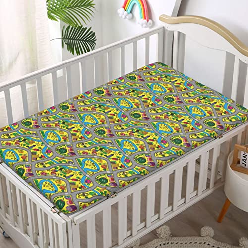 Car Race Track Themed Fitted Crib Sheet,Standard Crib Mattress Fitted Sheet Soft Toddler Mattress Sheet Fitted-Crib Mattress Sheet or Toddler Bed Sheet, 28“ x52“,Multicolor