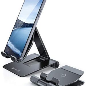 Lamicall Upgrade Super Stable Cell Phone Stand for Desk - Foldable Portable Aluminum Desktop Phone Holder Cradle Dock, Compatible for iPhone 14 13 12 Mini 11 Pro Xs Max Smartphones, Tablets 4-11"