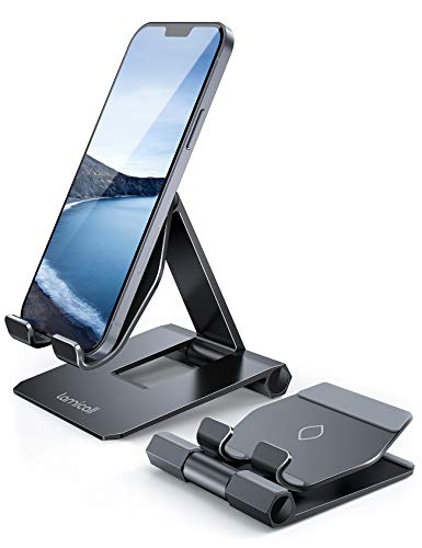 Lamicall Upgrade Super Stable Cell Phone Stand for Desk - Foldable Portable Aluminum Desktop Phone Holder Cradle Dock, Compatible for iPhone 14 13 12 Mini 11 Pro Xs Max Smartphones, Tablets 4-11"