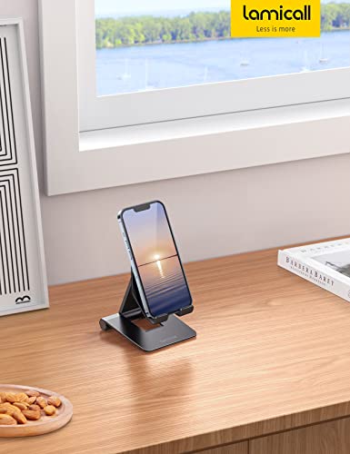 Lamicall Upgrade Super Stable Cell Phone Stand for Desk - Foldable Portable Aluminum Desktop Phone Holder Cradle Dock, Compatible for iPhone 14 13 12 Mini 11 Pro Xs Max Smartphones, Tablets 4-11"