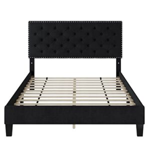 HOSTACK Queen Size Bed Frame, Modern Upholstered Platform Bed with Adjustable Headboard, Heavy Duty Button Tufted Bed Frame with Wood Slat Support, Easy Assembly, No Box Spring Needed(Black, Queen)