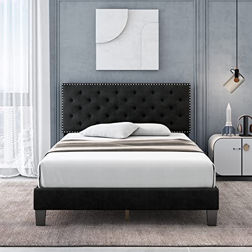 HOSTACK Queen Size Bed Frame, Modern Upholstered Platform Bed with Adjustable Headboard, Heavy Duty Button Tufted Bed Frame with Wood Slat Support, Easy Assembly, No Box Spring Needed(Black, Queen)