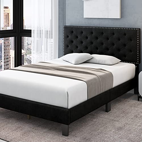 HOSTACK Queen Size Bed Frame, Modern Upholstered Platform Bed with Adjustable Headboard, Heavy Duty Button Tufted Bed Frame with Wood Slat Support, Easy Assembly, No Box Spring Needed(Black, Queen)