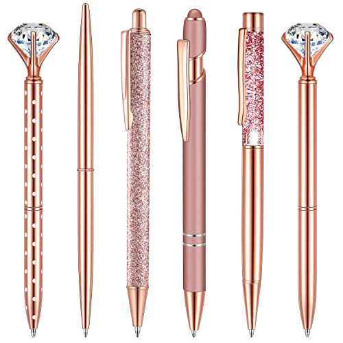 6 Pcs Rose Gold Ballpoint Pen Set Include Crystal Diamond Pen Slim Metal Ballpoint Pens Black Ink Stylus Pen Liquid Sand Pen Retractable Glitter Pen for Office School Gifts Wedding Party Supplies