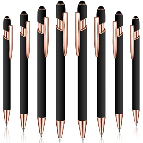 8 Pieces Ballpoint Pen with Stylus Tip Black Ink 2 in 1 Stylus Metal 1.0 mm Medium Point Smooth Pen Rainbow Colorful Rubberized Ballpoint Pen for Touch Screen Tablet (Rose Gold, Black)